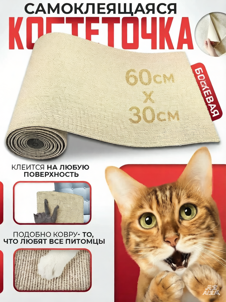 Когтеточка Conflate самоклеящаяся, имитация ковра, бежевая, 60х30см