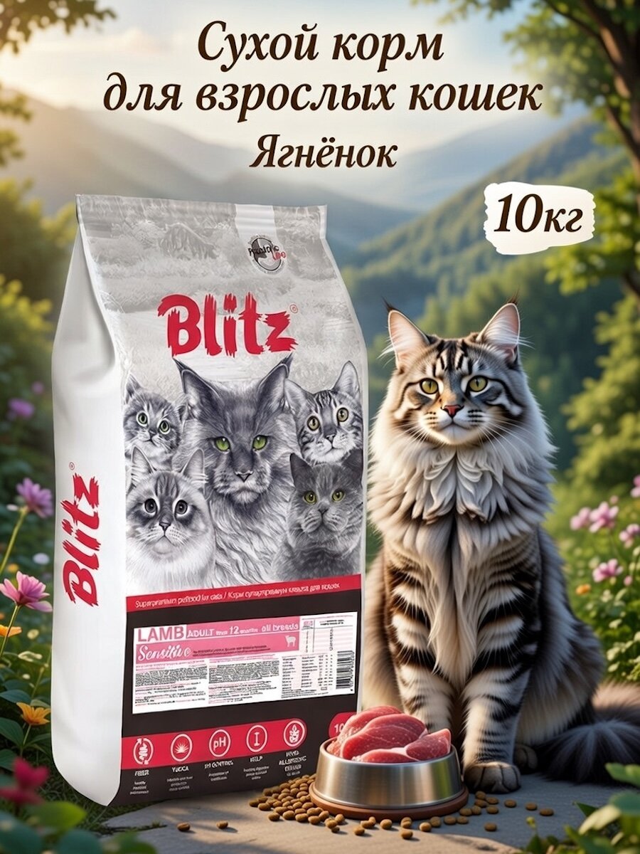 Сухой корм для взрослых кошек Blitz Sensitive Lamb ягнёнок, 10 кг