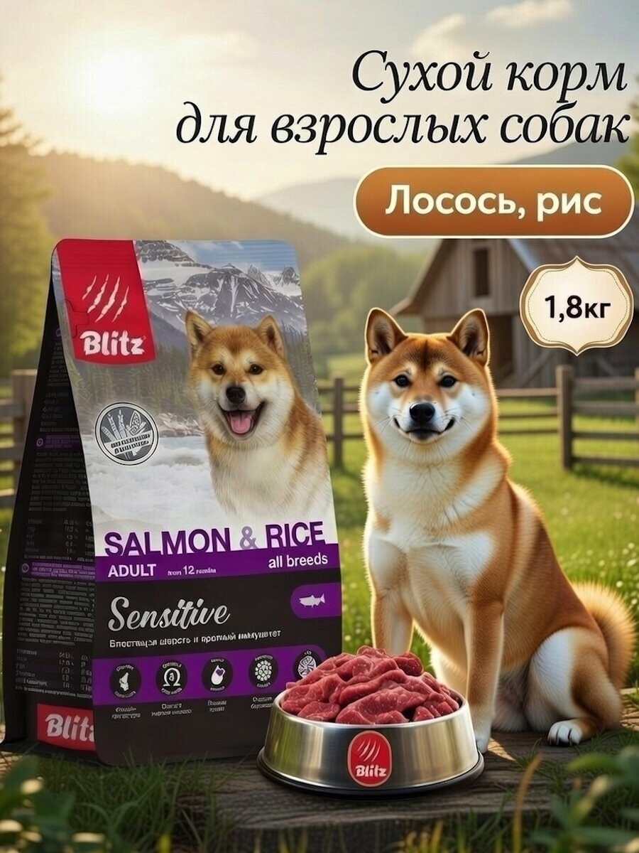 Сухой корм для собак Blitz Sensitive Adult Salmon & Rice лосось с рисом, для взрослых собак, 1,8 кг