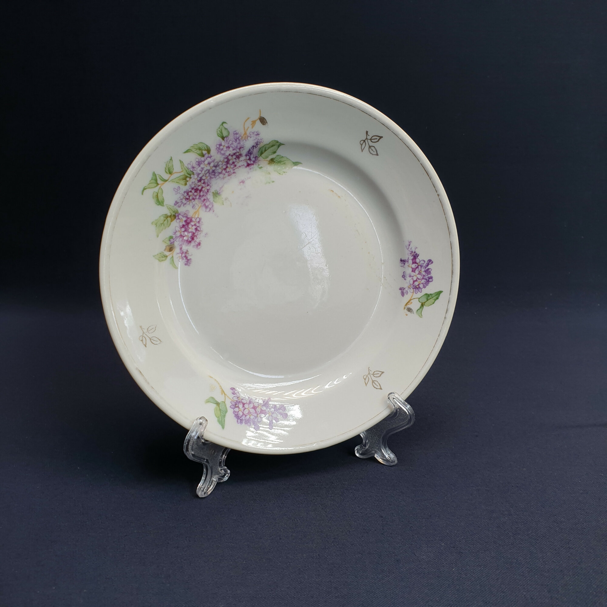 Десертная тарелка Сирень Дулево, фарфор деколь позолота 175 мм, потертости, винтаж СССР