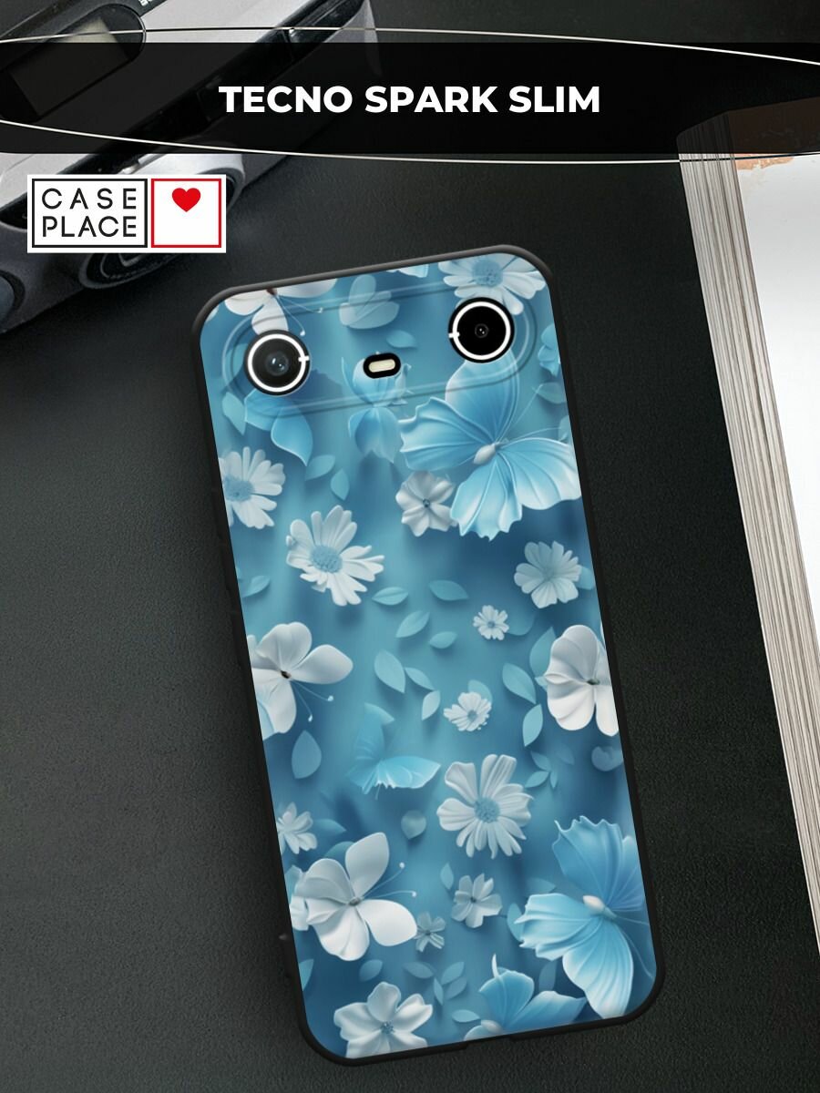 Черный матовый чехол на Tecno Spark Slim / Текно Спарк Слим с принтом Голубые глазурные цветы
