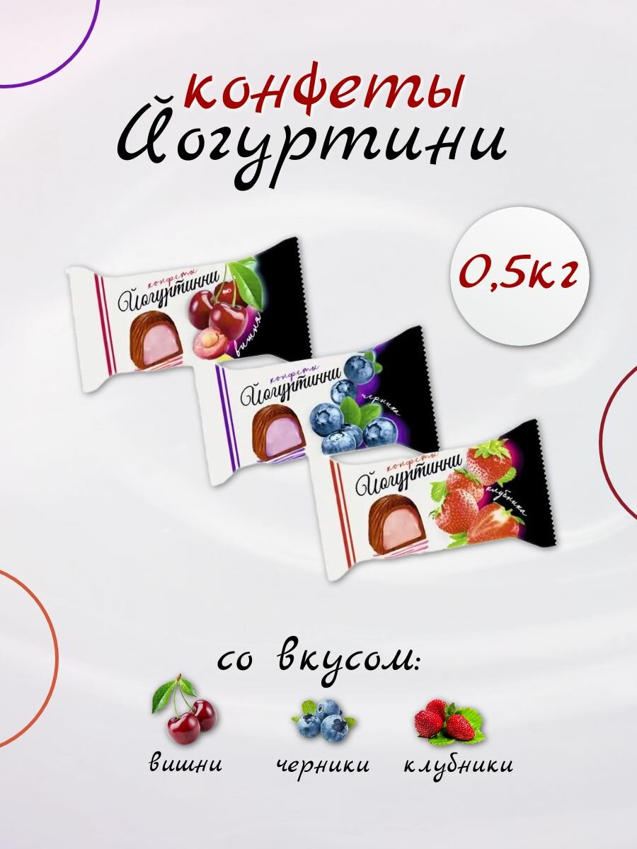 Конфеты Йогуртини Сибирская белочка со вкусом клубники, черники, вишни в молочном шоколаде 500 г