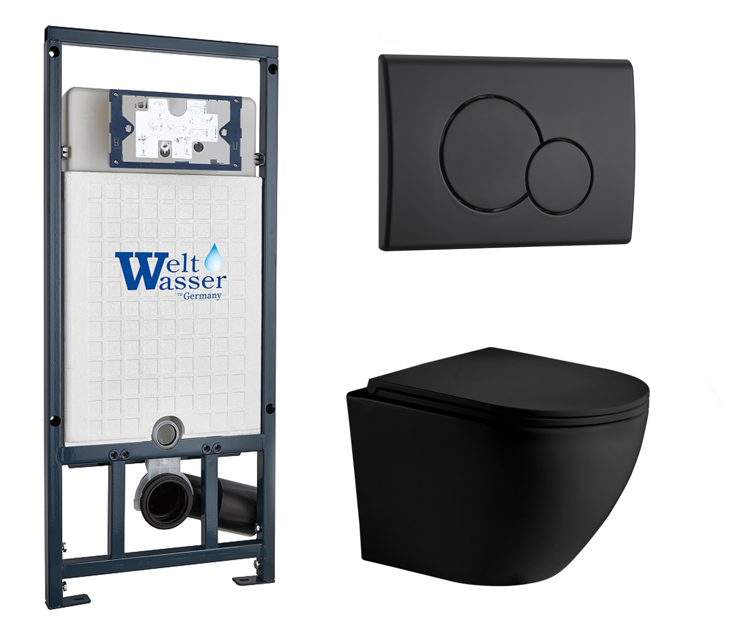 Комплект 3 в 1 инсталляция WeltWasser WW Marberg 507 + Унитаз подвесной Weltwasser WW Merzbach 043 MT-BL черный с кнопкой черной RD 10000011359_