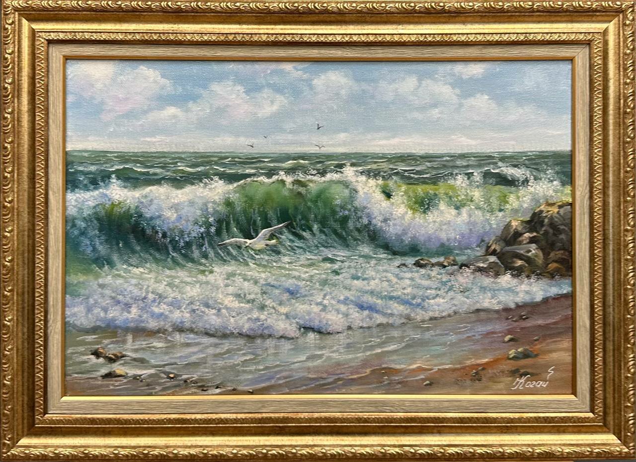Картина маслом, морской пейзаж "Чайка над морем"