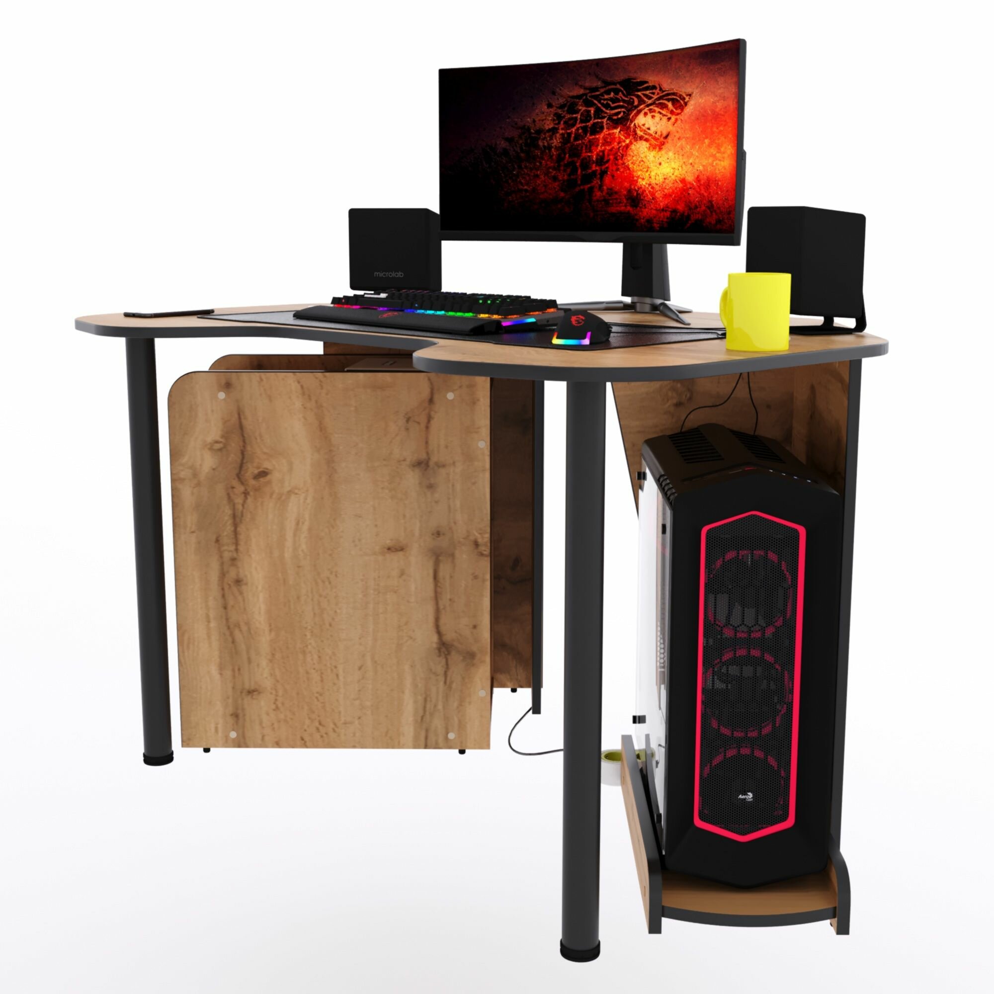 Угловой компьютерный стол "Угол" с тумбой, 120x87x75 см, дуб вотан с чёрной кромкой