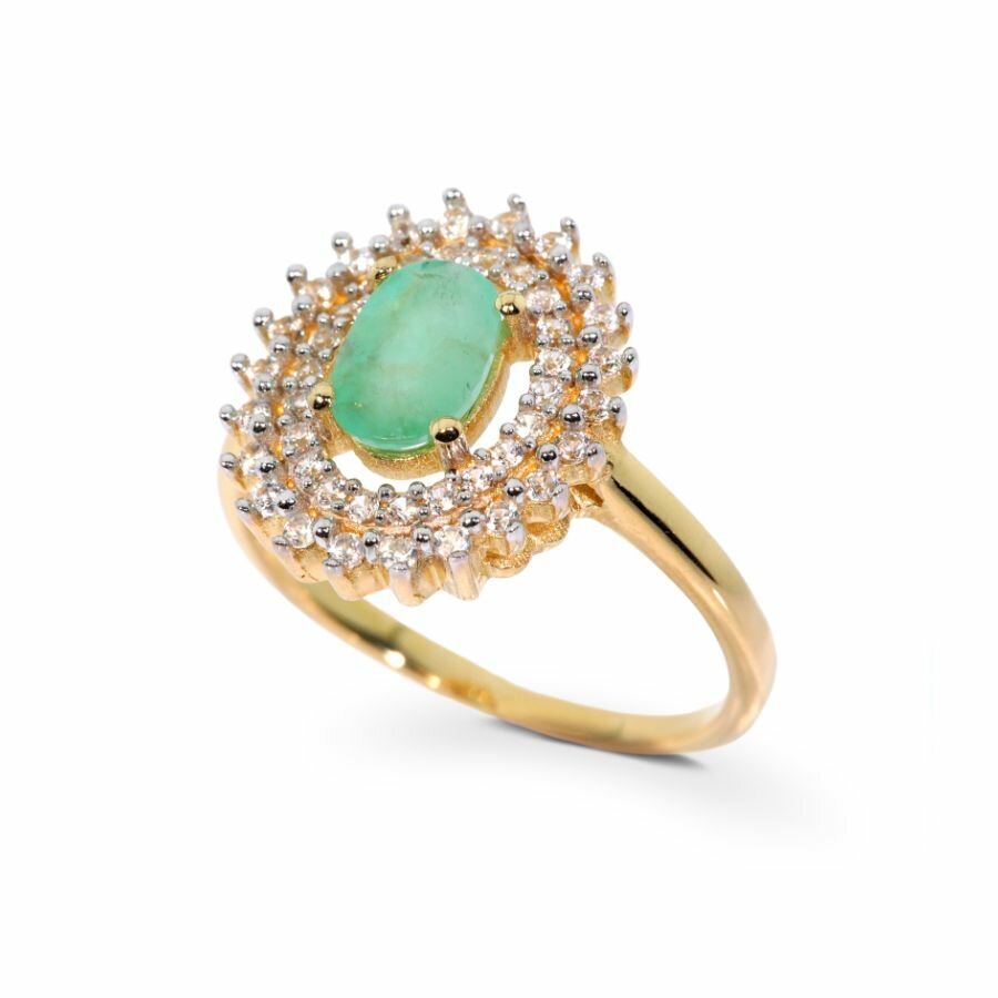 Кольцо тонкое, серебро, 925 проба, золочение, изумруд, фианит