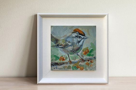 Картина "Птица с Оранжевым Хохолком" 15x15 см