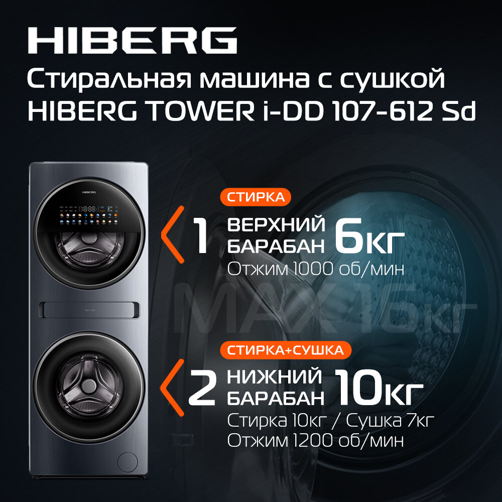HIBERG TOWER i-DD 107-612 Sd стирально-сушильная машина c двумя барабанами, инвертор, прямой привод, 1200 оборотов/мин