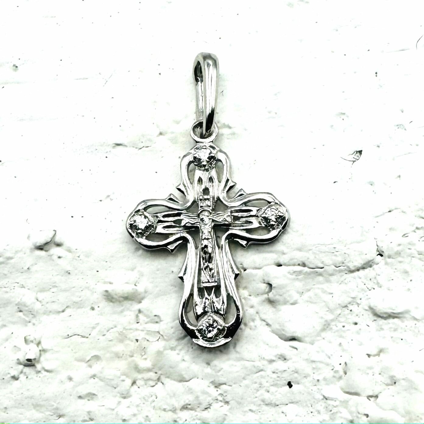 Крестик, серебро, 925 проба, родирование, фианит