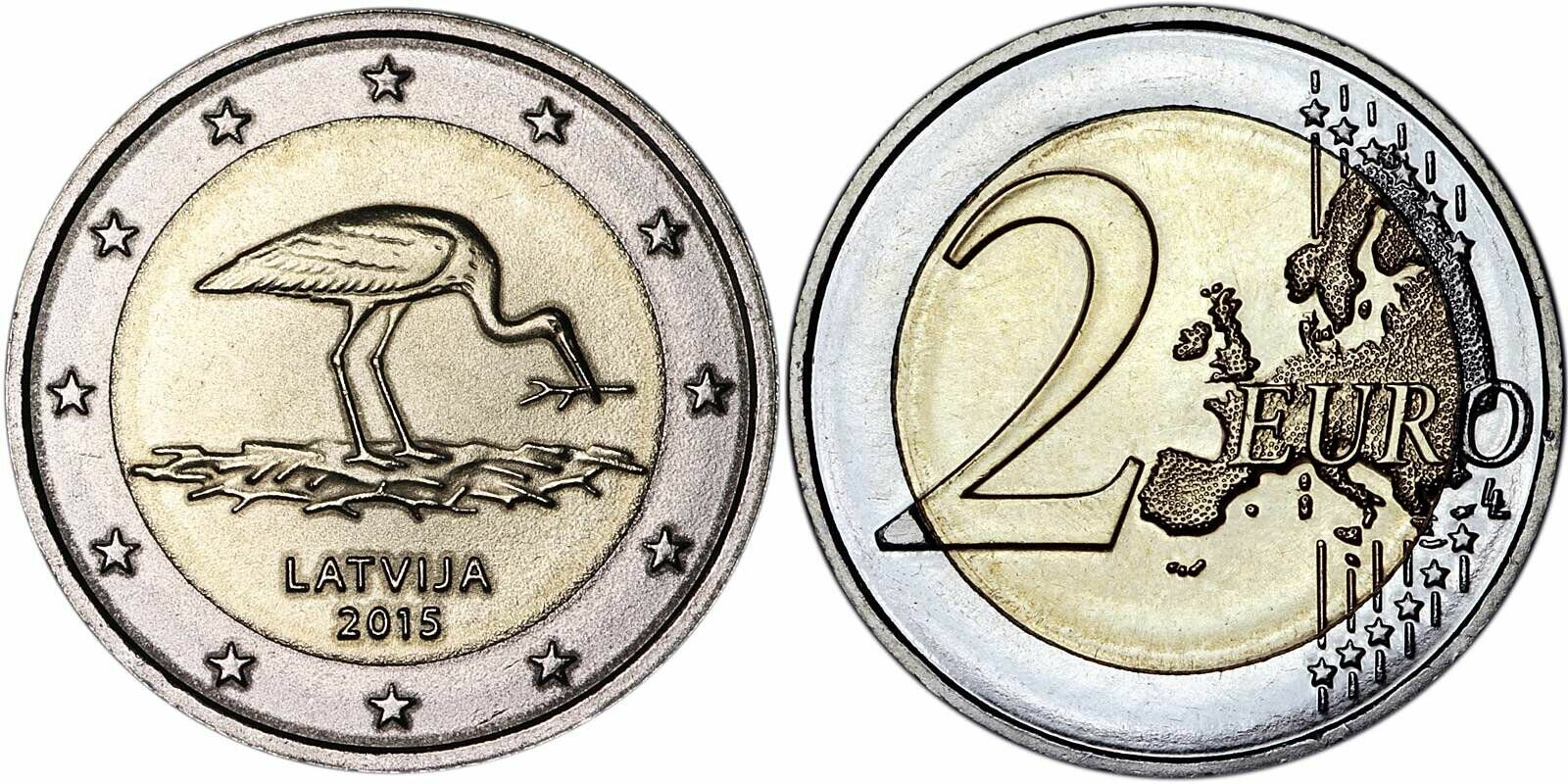 Латвия 2 евро, 2015 Вымирающие виды - Чёрный аист UNC