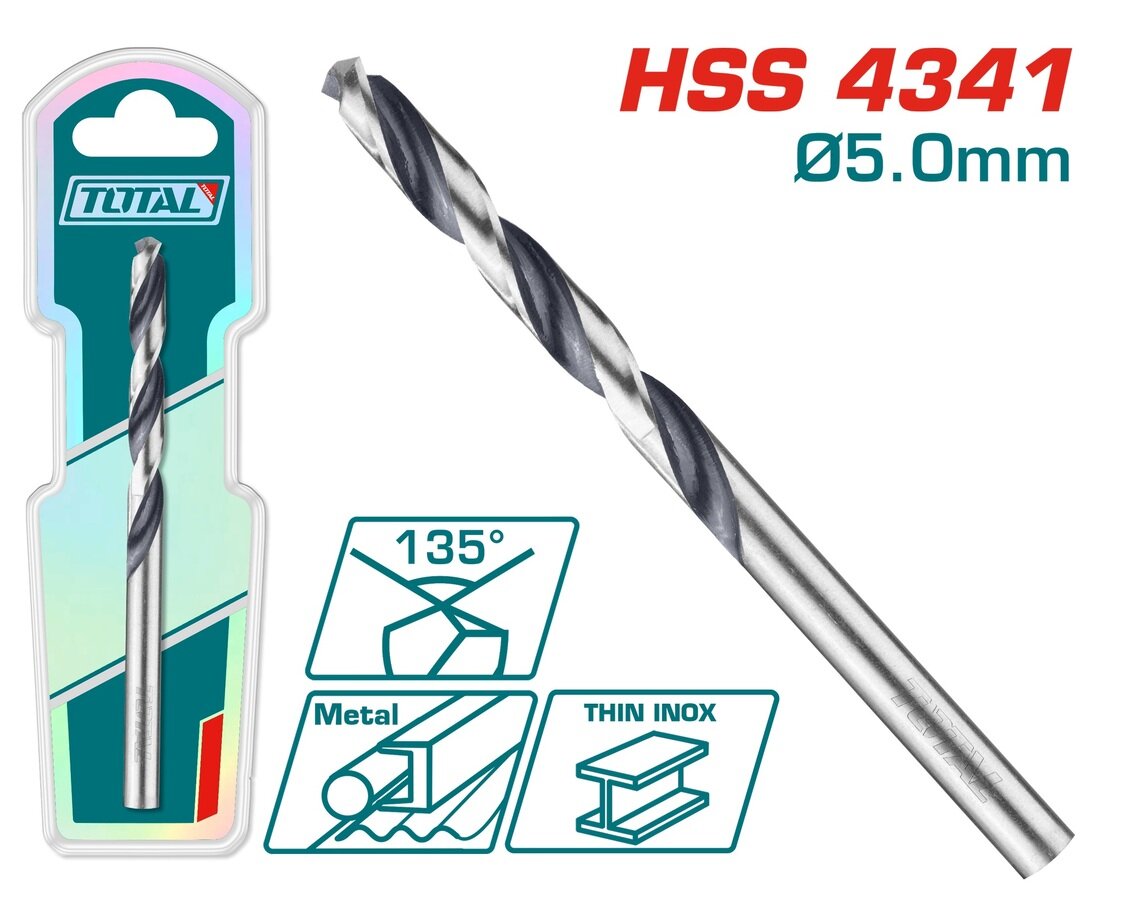 Сверло по металлу 5 мм, угол заточки 135° , HSS 4341 TOTAL TAC1200504