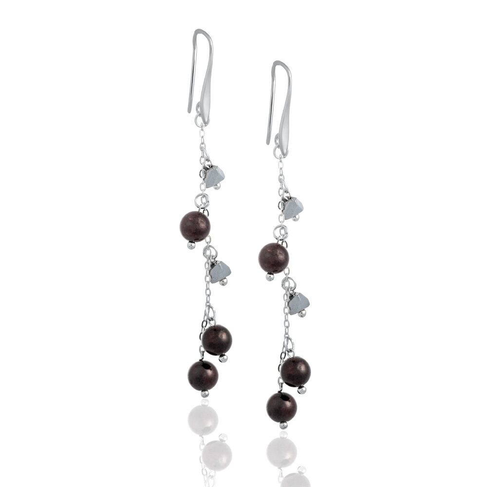 Серьги с подвесками, гематит, гранат