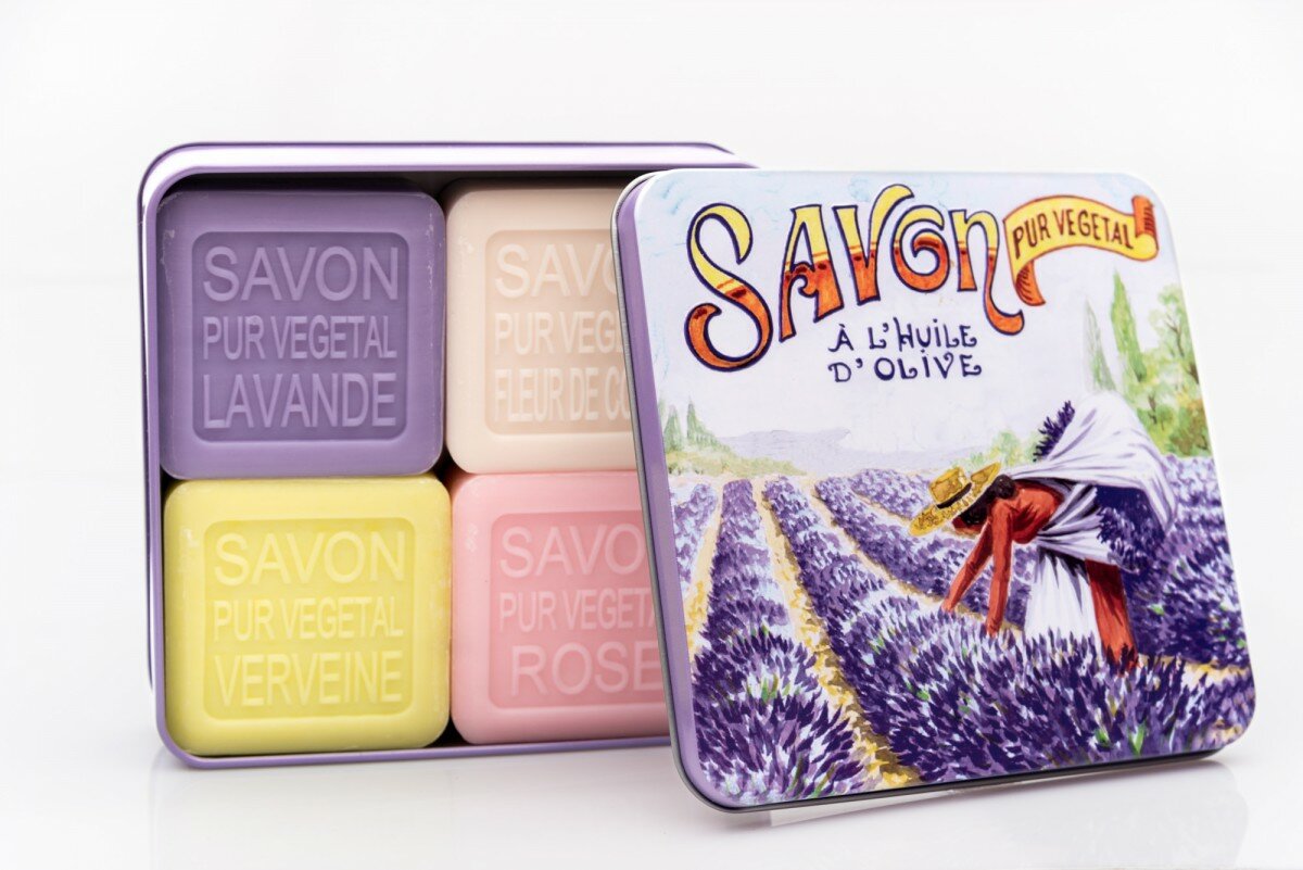 Набор твердого парфюмированного мыла, 4 штуки в металлической коробке Сбор лаванды 400 гр. (La Savonnerie de Nyons, Франция)