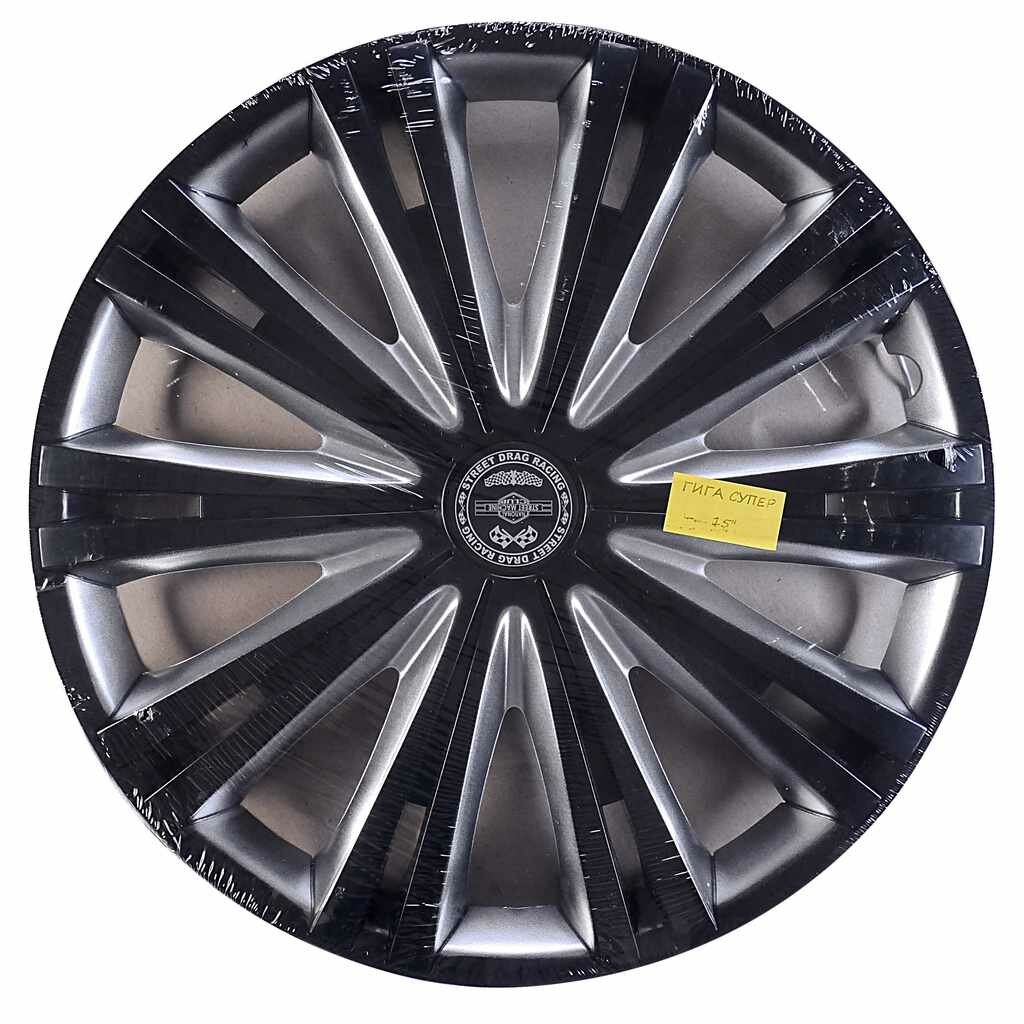 Колпак колеса R-15 серо-черный гига-супер комплект 4шт, гига-супер серо-черный R-15, NO NAME