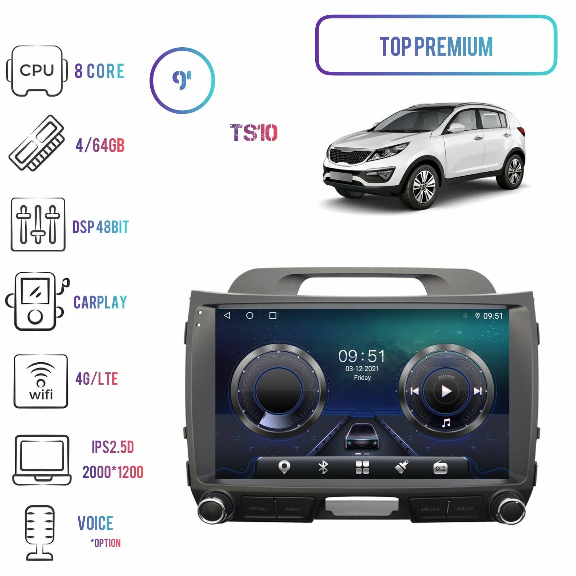 Магнитола XY AUTO TS10, для KIA Sportage, Android 12, 4+64 Гб, голосовое управление