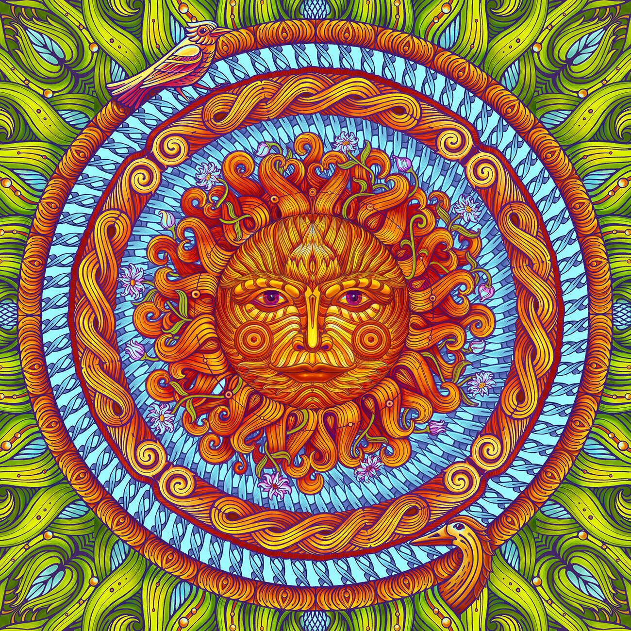 Флуоресцентная картина на ткани с этническим психоделическим рисунком солнце "Sun" - панно фон полотно на стену, светящийся в УФ ультрафиолете LED неоне гобелен, настенный декор