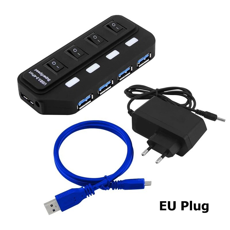 USB 3.0 концентратор 4 порта с EU вилкой, темно-синий