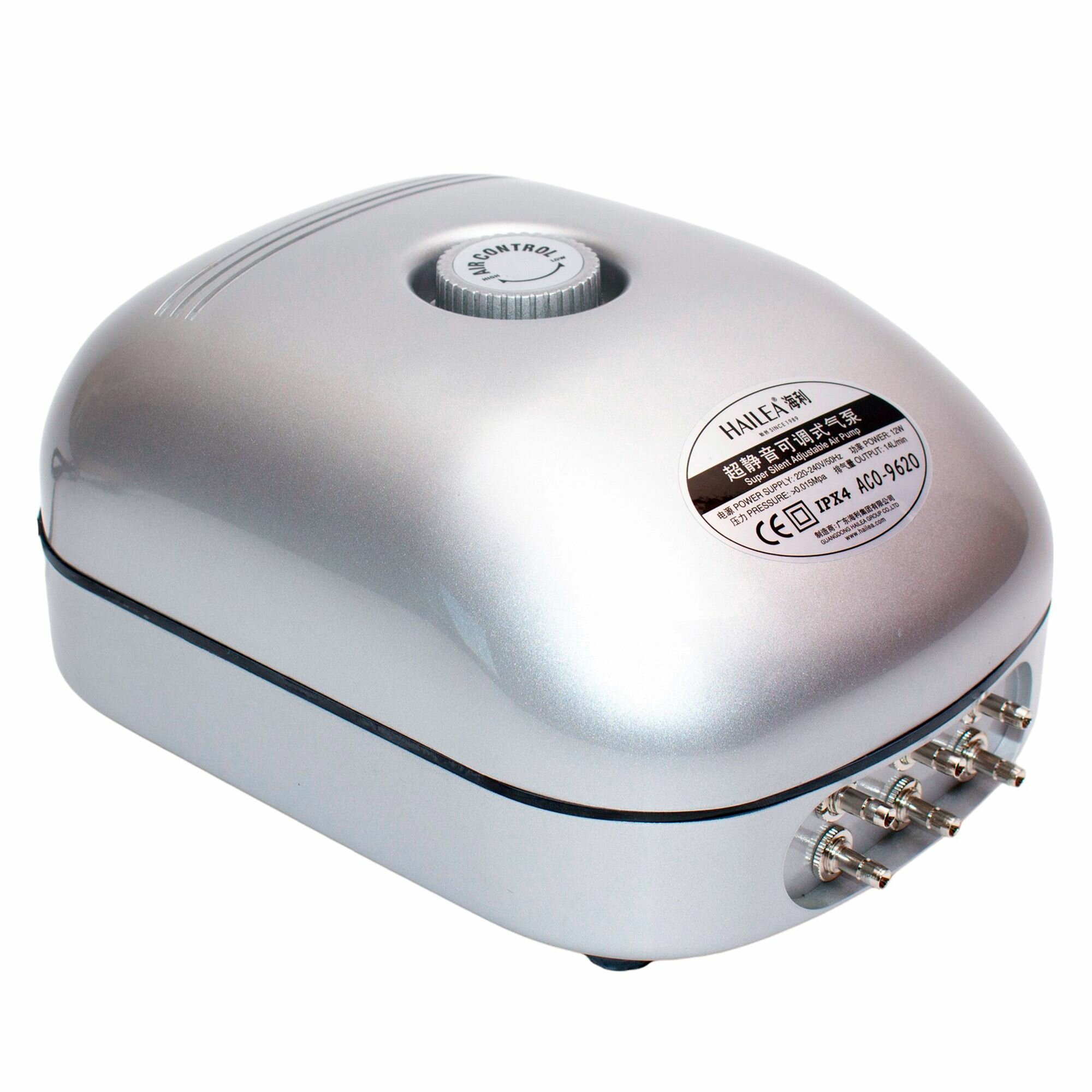 Бесшумный воздушный компрессор для аквариума от 445 до 900 литров, Hailea ACO 9620. С регулировкой потока, 6 каналов.