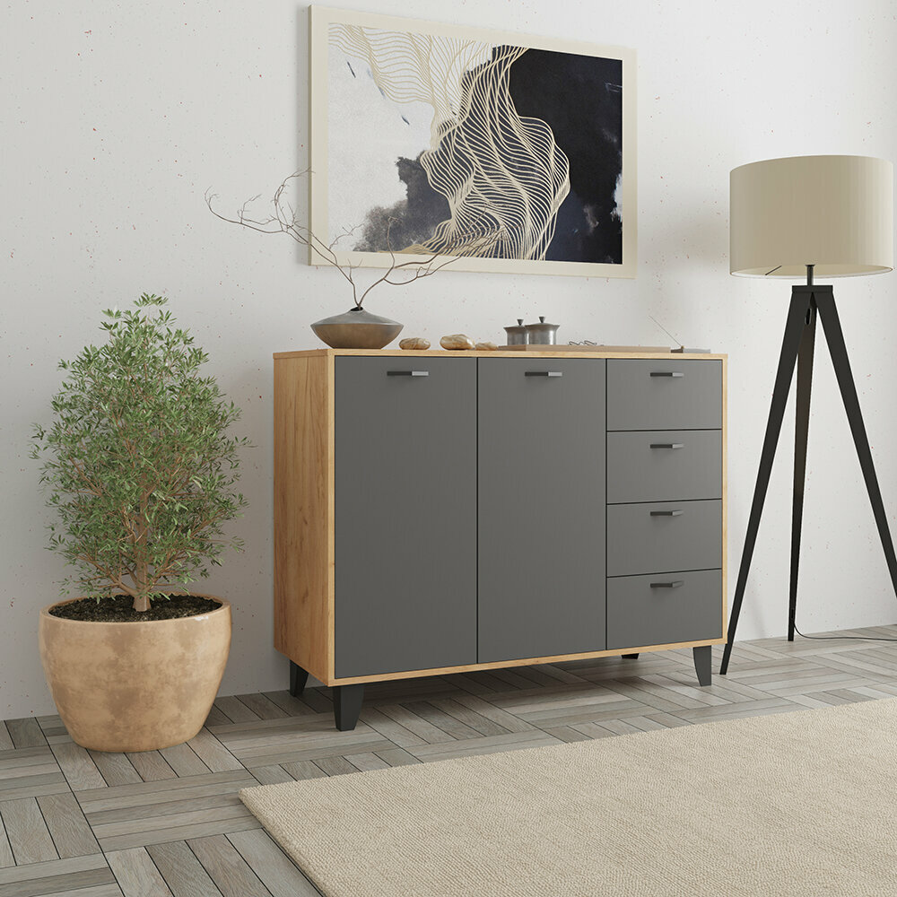 Комод Катрин 12, дуб крафт золотой/графит серый