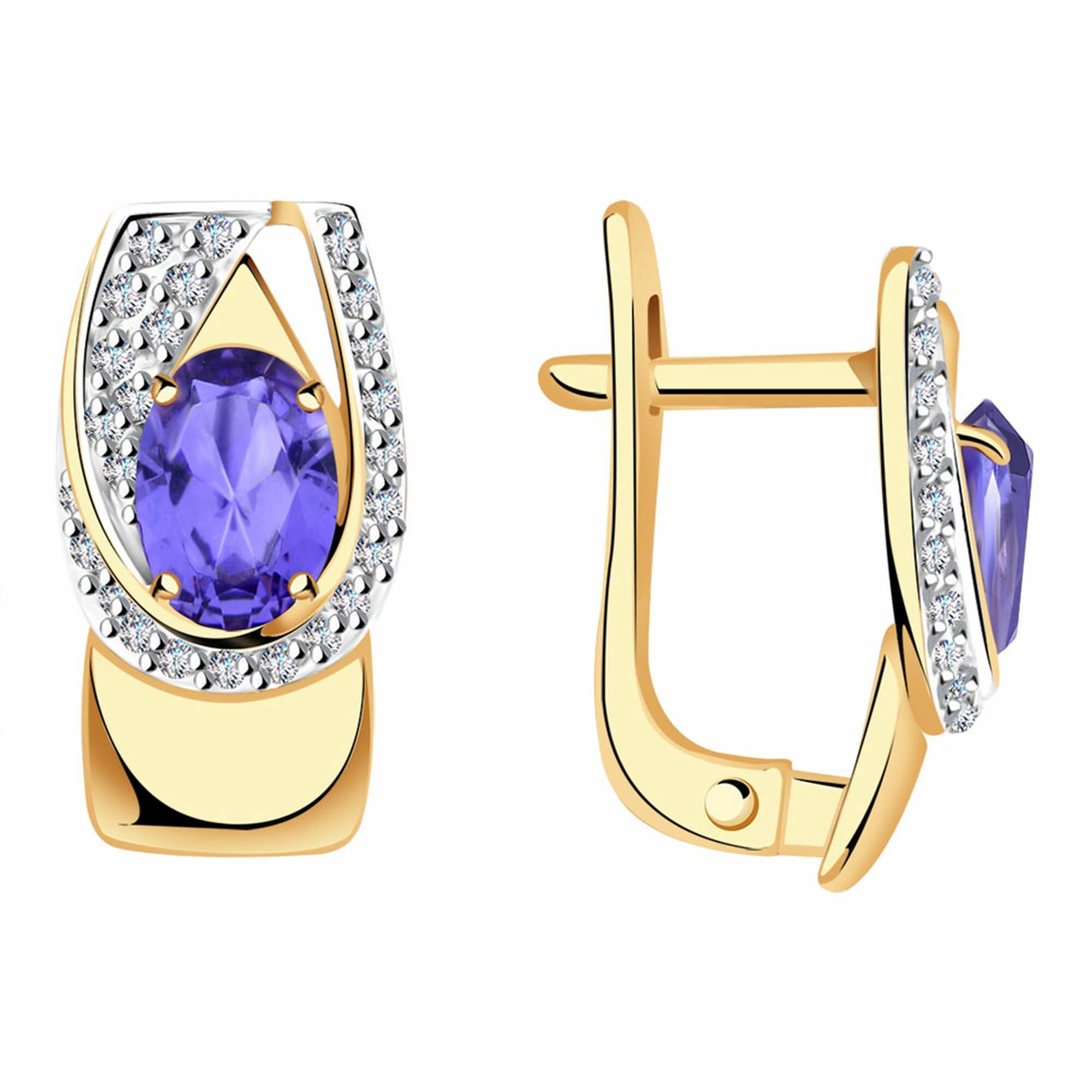 Серьги, красное золото, 585 проба, танзанит, фианит