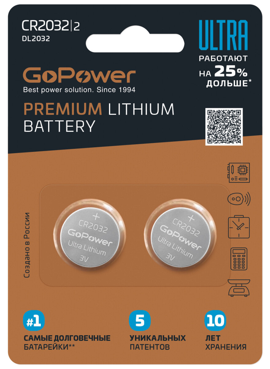Батарейка GoPower CR2032 00-00026401 2шт
