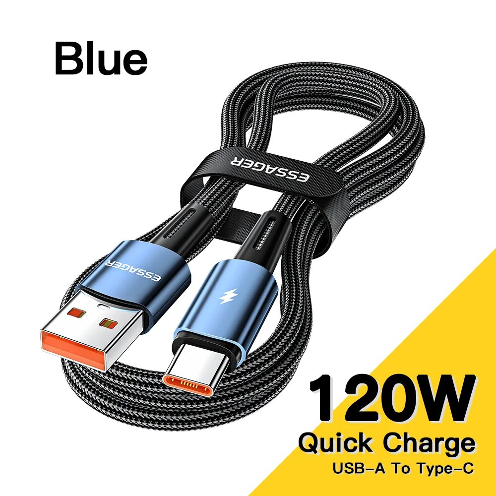 Кабель зарядный Essager PD120W, USB Type-C, для Xiaomi 12Pro/6A/Redmi K50/Note 11Pro/Black Shark 5Pro 1 м, Blue Cable