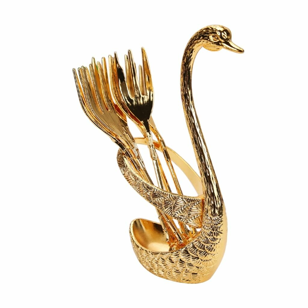 Набор столовых приборов 6 шт: вилки для фруктов и ложки из нержавеющей стали с подставкой в виде лебедя