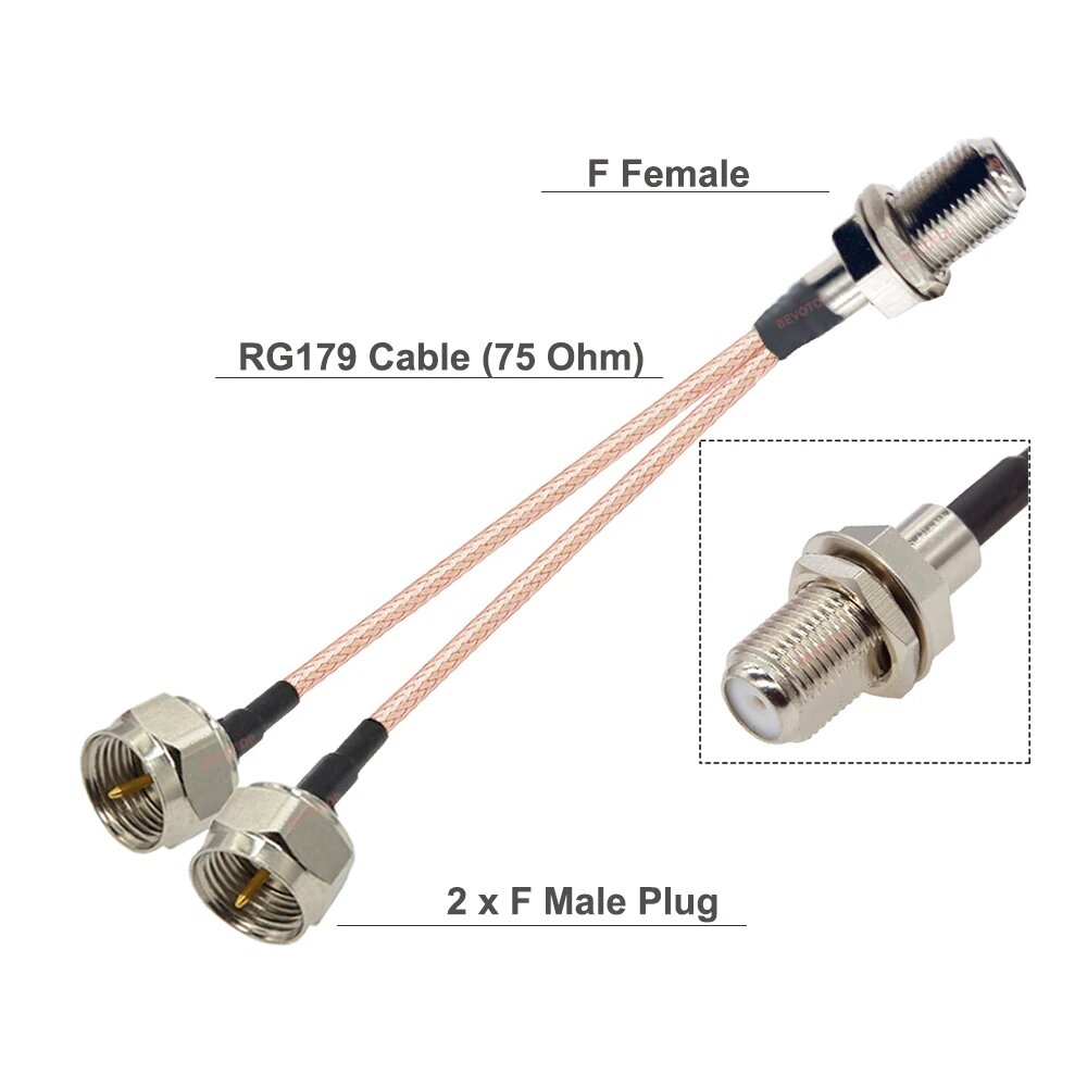 BEVOTOP F разветвитель кабеля 1x F на 2x F 75 Ом RG179 10cm, F F to 2 x F Male