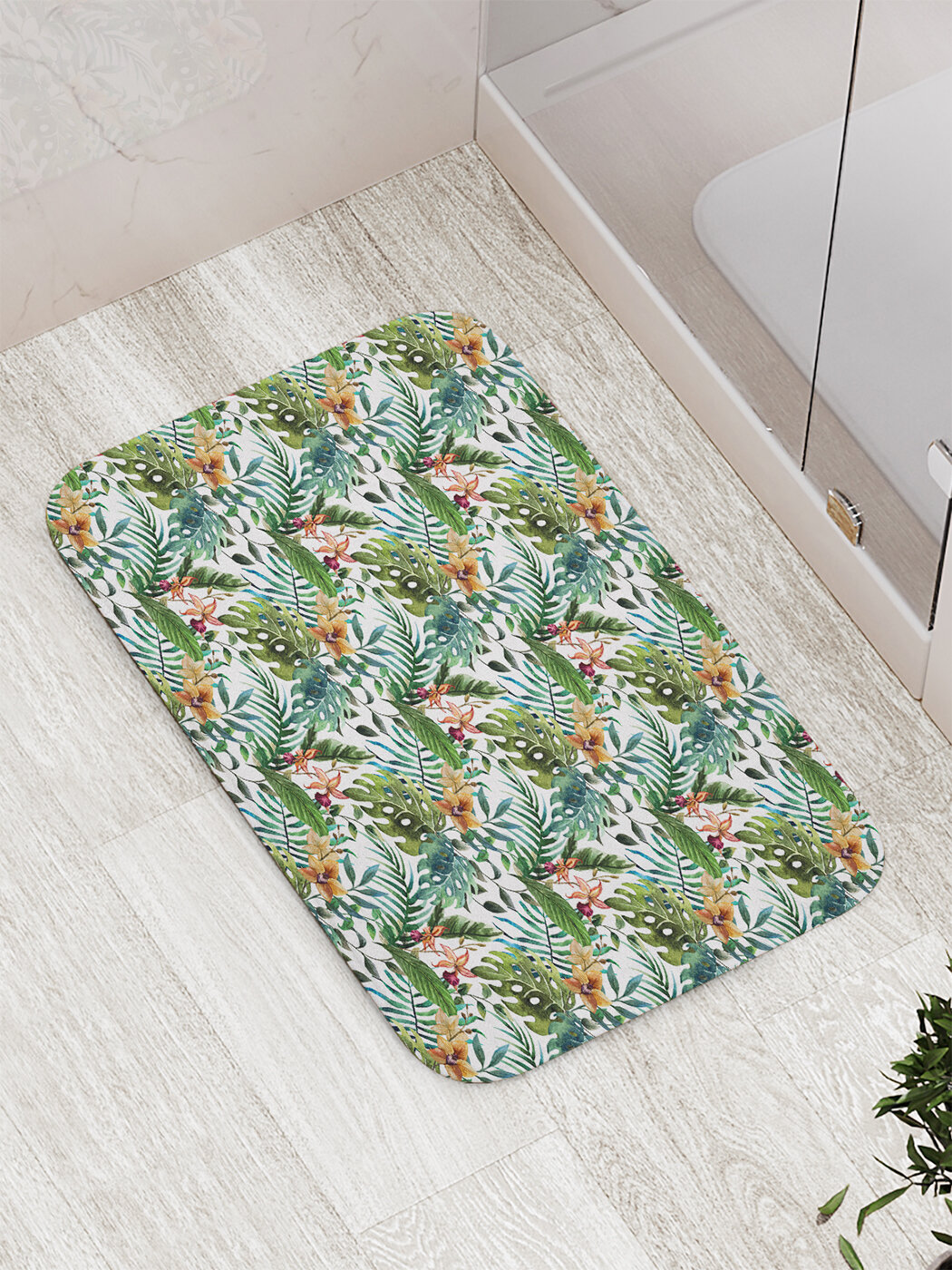 Коврик для ванной комнаты и туалета противоскользящий "Листья папоротника и цветы" 52х77 см, JoyArty