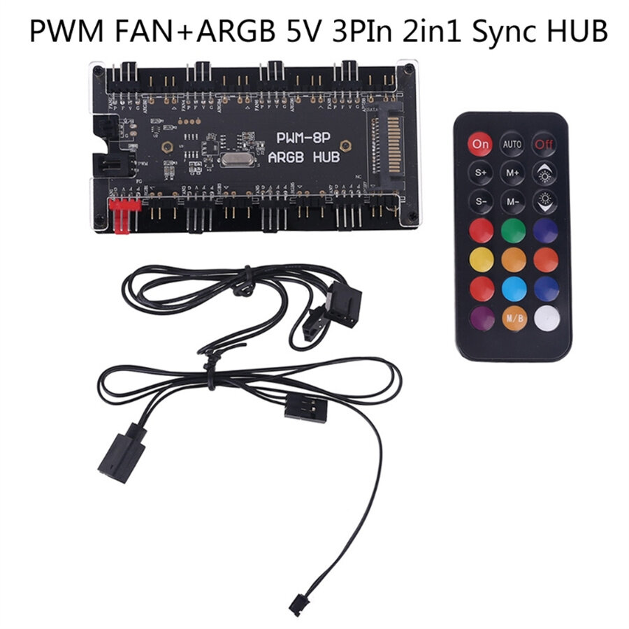 Контроллер синхронизации pwm fan+argb led 2 в 1, беспроводной, 1 к 8, разветвитель, 5 в, 3-контактный argb, 4-контактный адаптер вентилятора
