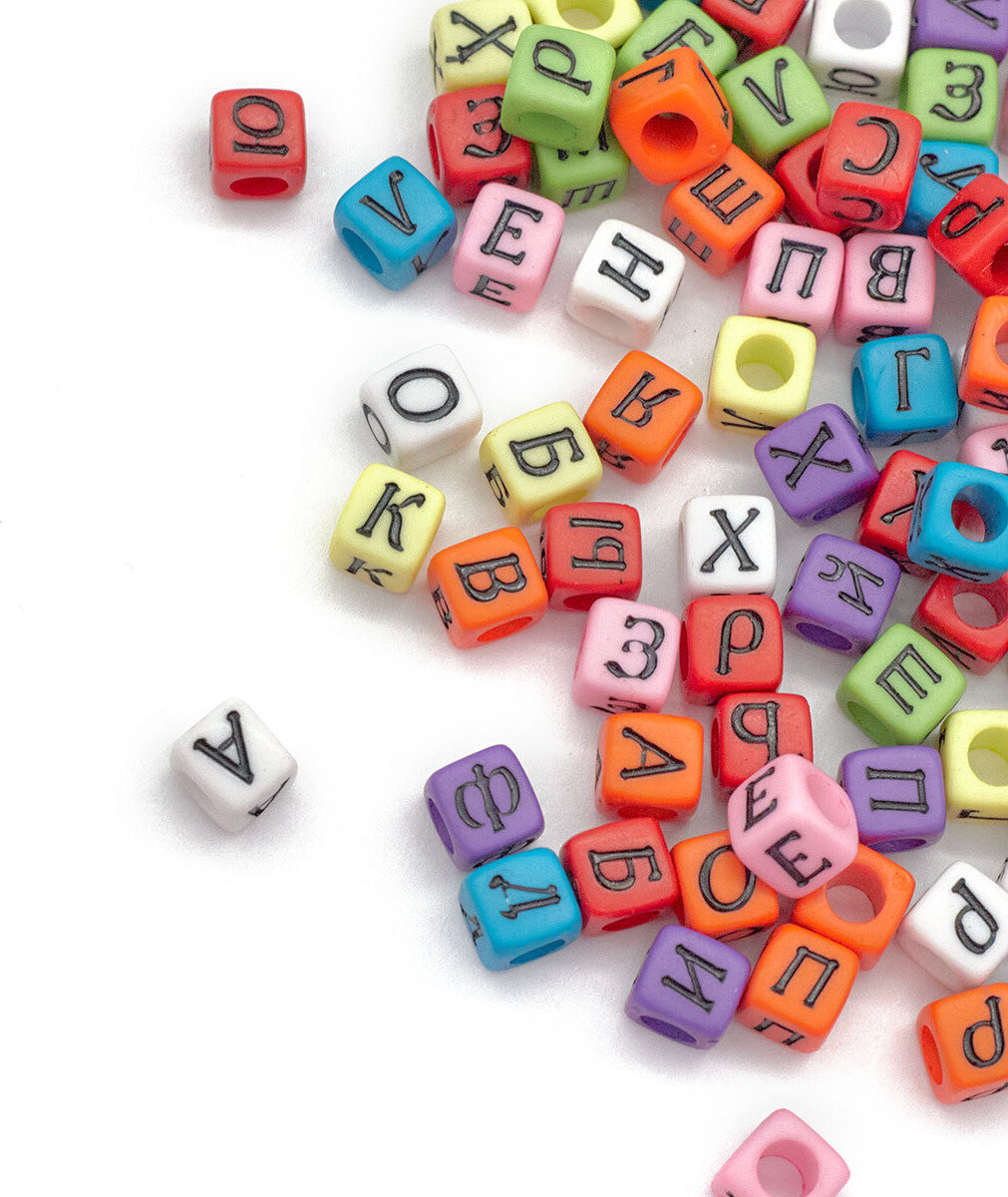 Бусины пластиковые, Рус. алфавит, микс цвета, куб, 6*6мм, 150(+/-5) шт/упак, Astra&Craft