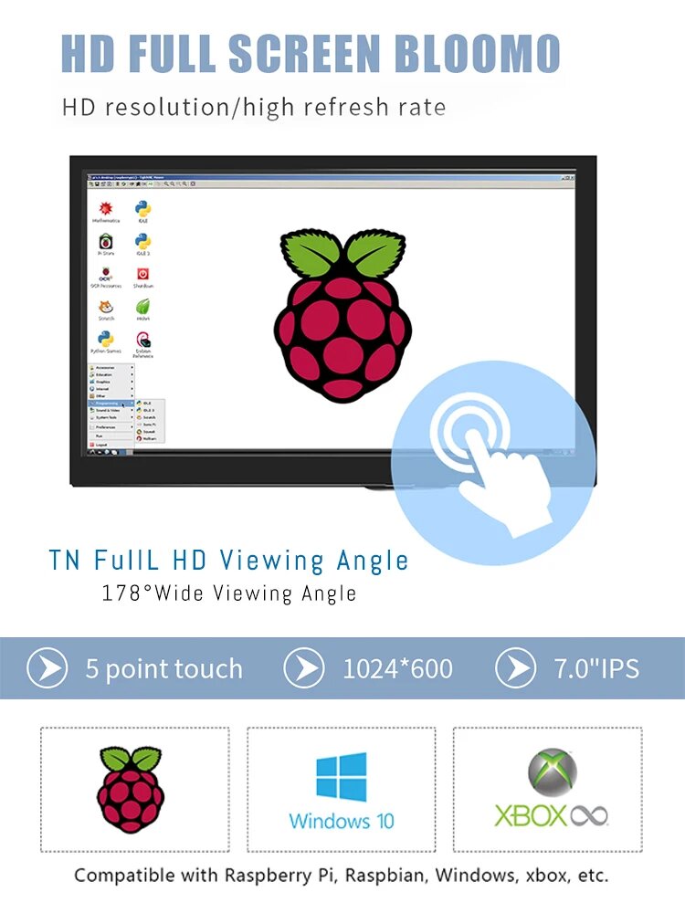 Портативный 7-дюймовый ЖК-монитор для ноутбука с емкостным сенсорным экраном, подходит для Raspberry Pi 5 HDMI-совместимого дисплея на ПК