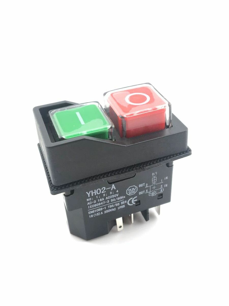 Выключатель Старт - Стоп, на сверлильный станок, компрессор, бетономешалку , нового образца (5 клемм) DKLD DZ-6 IP5 IEC 60947-3 AC250V 15A EN 61058-1 T85 (без фиксации)