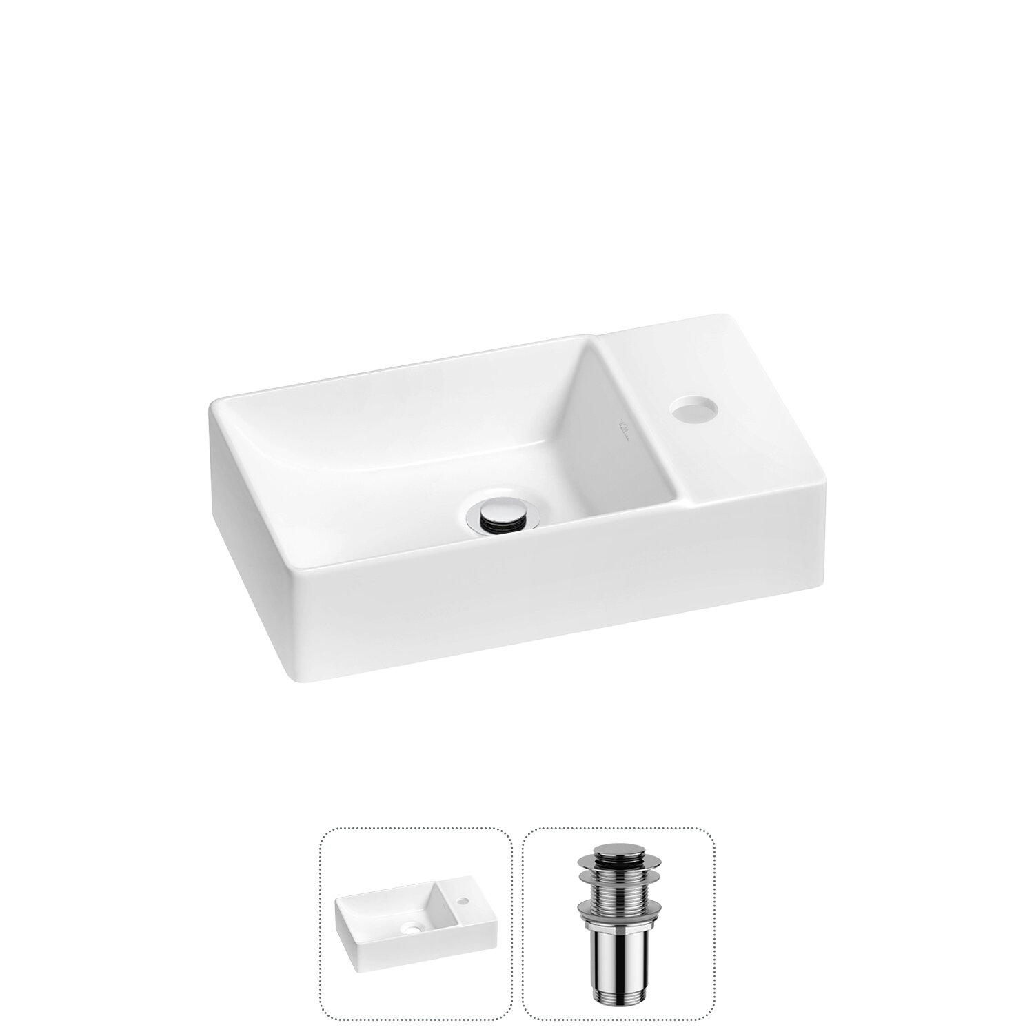 Маленькая раковина в ванную комнату или туалет Wellsee WC Area 20215573R в наборе 2 в 1: подвесная или накладная раковина 40 см в цвете белый глянец, донный клапан