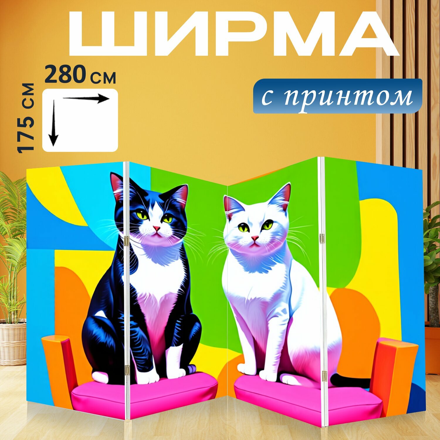 Ширма "Стиль иллюстрация, акриловая живопись, Два стилизованных кота, один белый, другой черно-белый, сидят на." перегородка для зонирования комнаты с принтом 280x175 см. на холсте