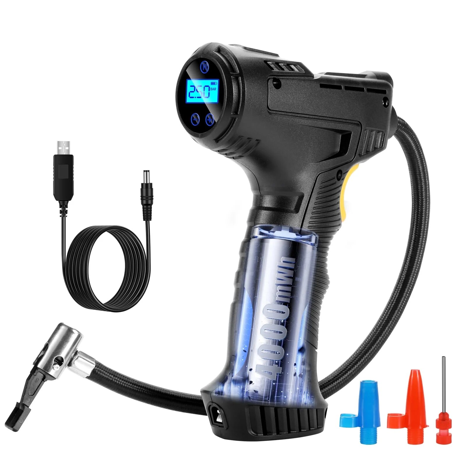 Портативный ручной воздушный насос для шин с цифровым манометром, питание от аккумуляторной батареи 12 В