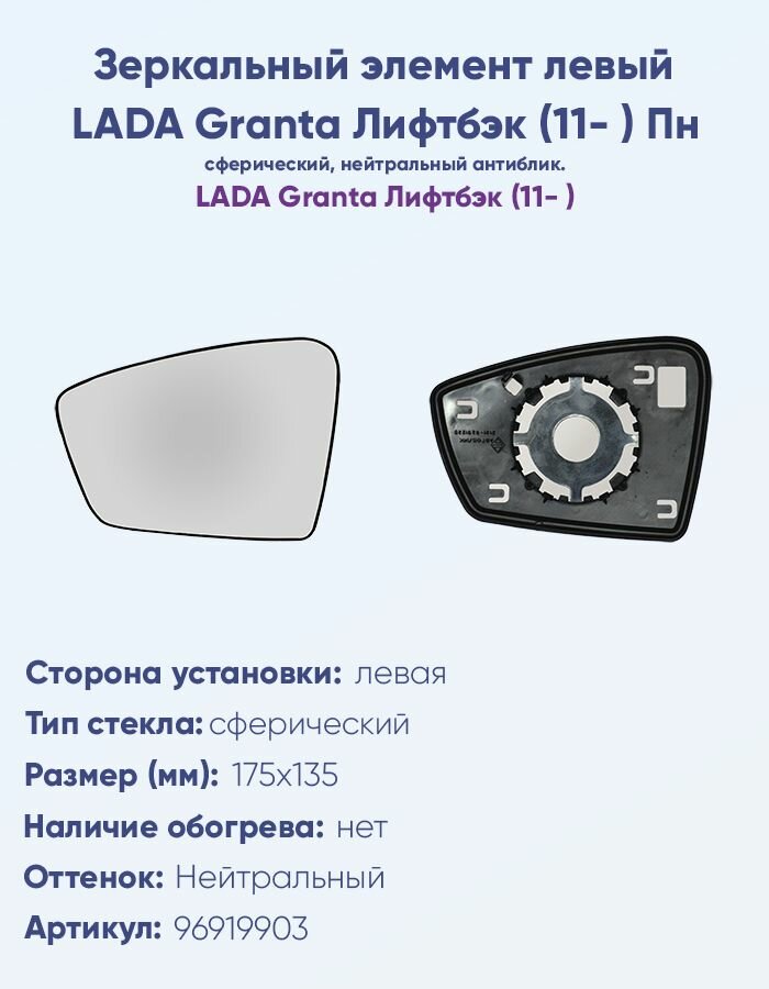 Зеркальный элемент левый Лада Гранта Лифтбэк с 2011 года выпуска по н. в. Без обогрева, c сферическим противоослепляющим зеркальным отражателем нейтрального тона.