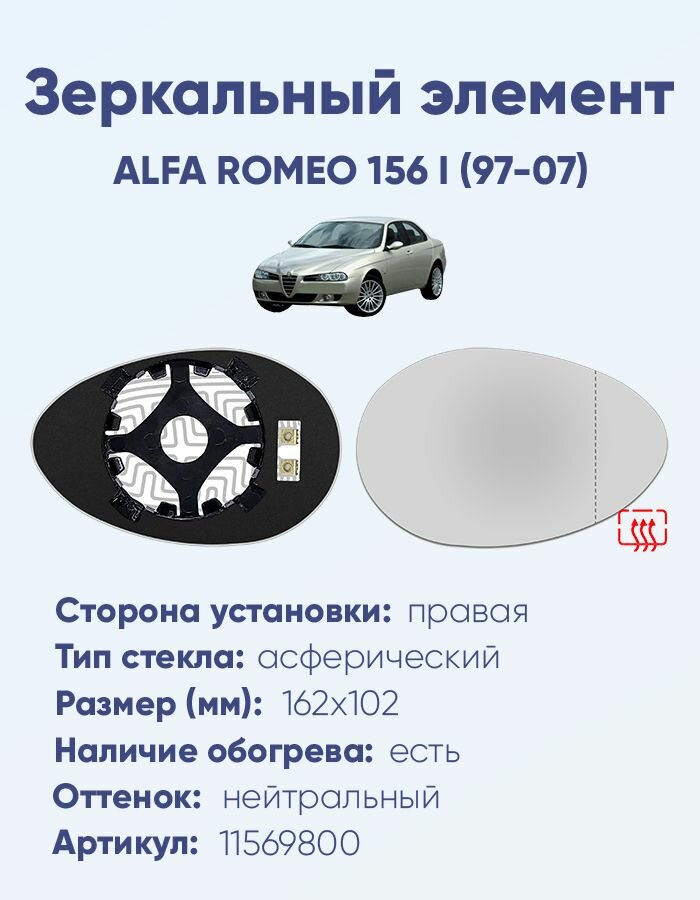Зеркальный элемент правый ALFA ROMEO 156 I (97-07) асферика нейтральный с обогревом