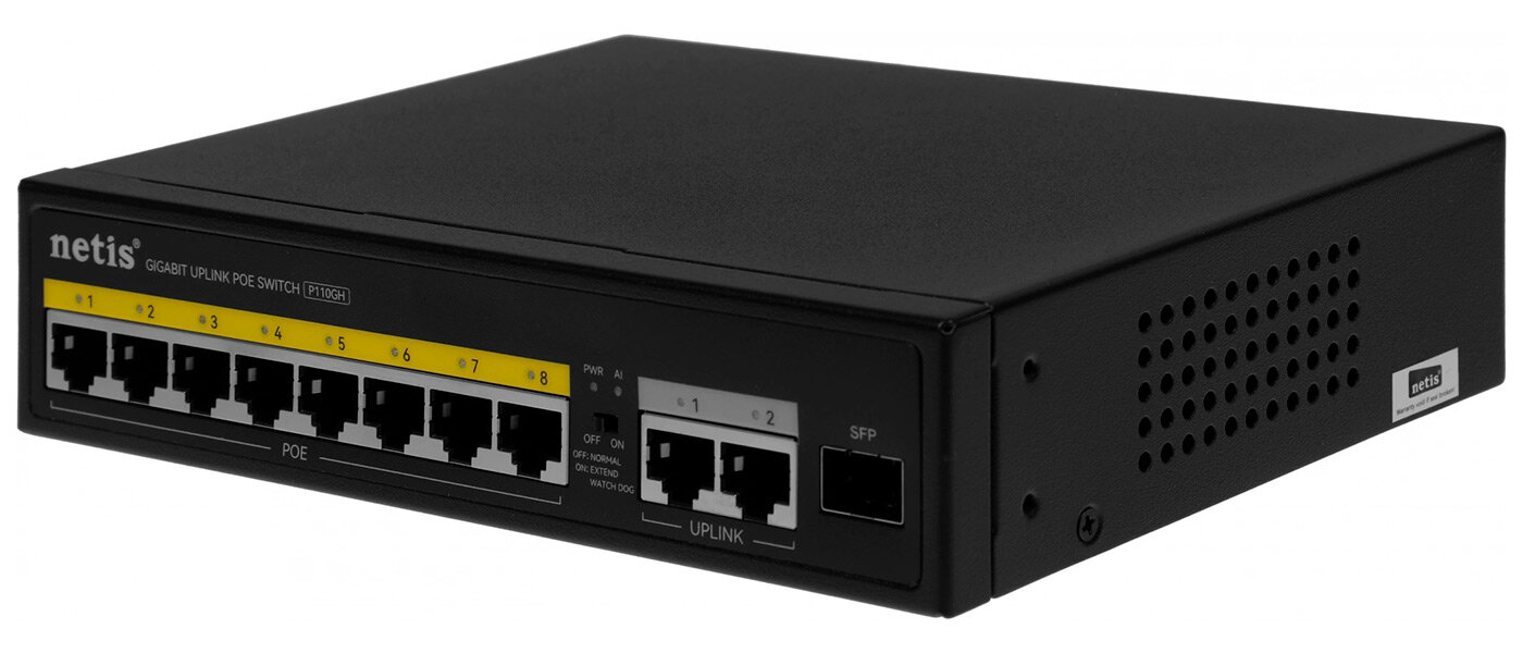 Коммутатор Netis P110GH (L2), 8x100 Мбит/с, 2x1 Гбит/с, 1SFP 8PoE 8PoE+, 120W, неуправляемый