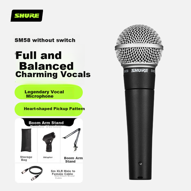 SHURE SM58 Dynamic Vocal Microphone Professional Indoor and Outdoor Stage Performance Mic for Guitar Singing Recording with XLR Cable (5m) + Boom Arm Stand Kit