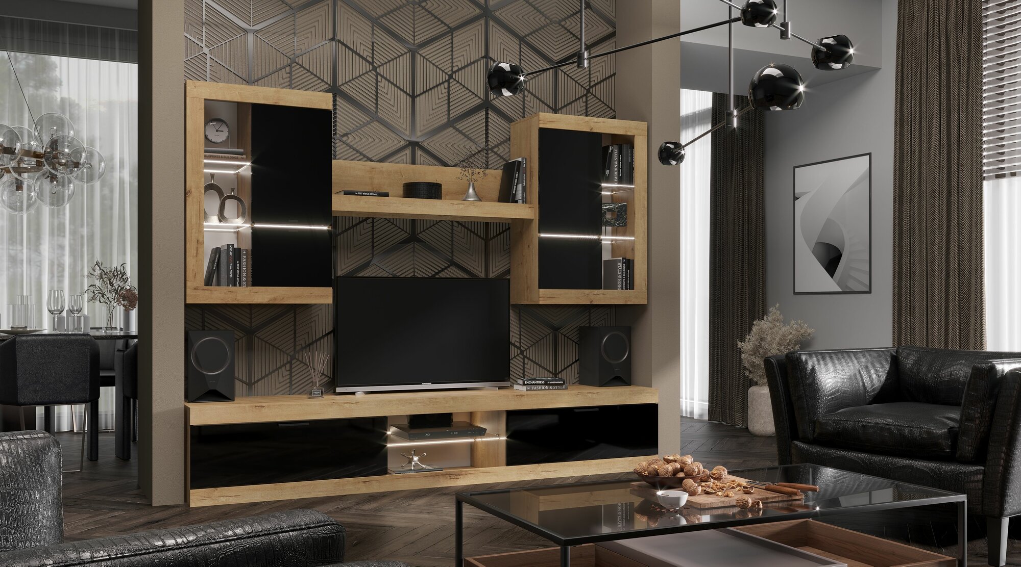 Комплект мебели для гостиной Прага (комп 36) Дуб Вотан/Черный глянец