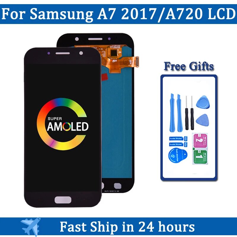 100% супер AMOLED ЖК-дисплей для Samsung Galaxy A7 2017 A720 A720F SM-A720F ЖК-дисплей + сенсорный экран дигитайзер в сборе черный