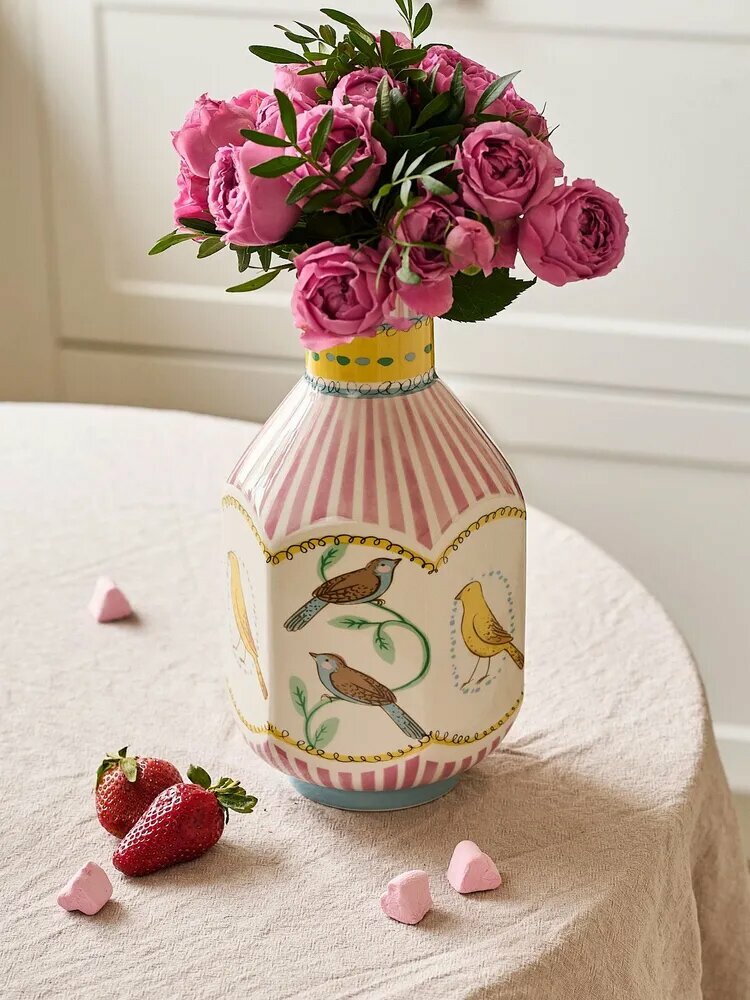 Керамическая ваза «Соловей и роза» — деревенский стиль с птицами и цветами, декор для гостиной,
