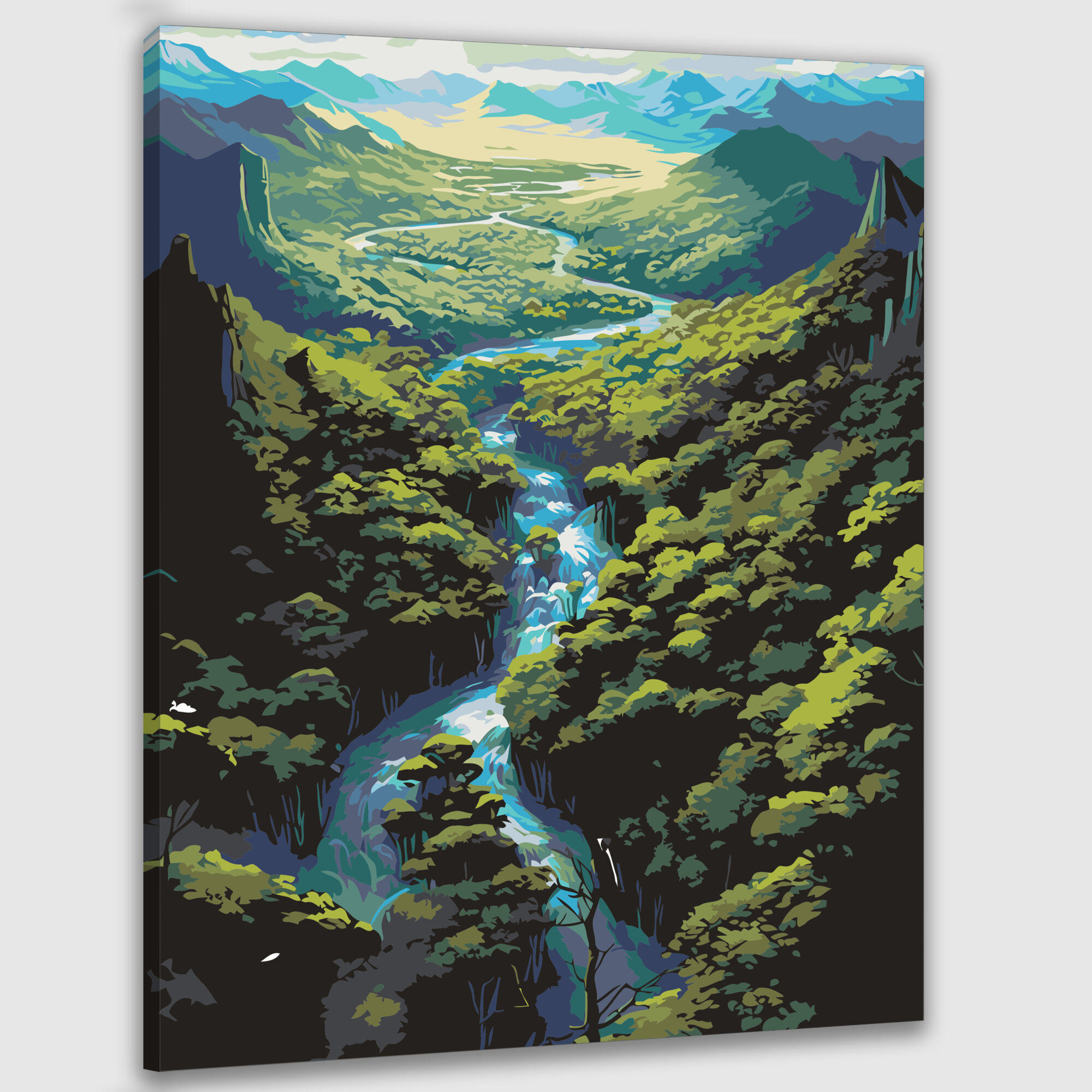 Картина по номерам 40x50 см, аэрофотосъемка, яркий уголок, густой лес, высокие деревья, навес, извилистая река, листва