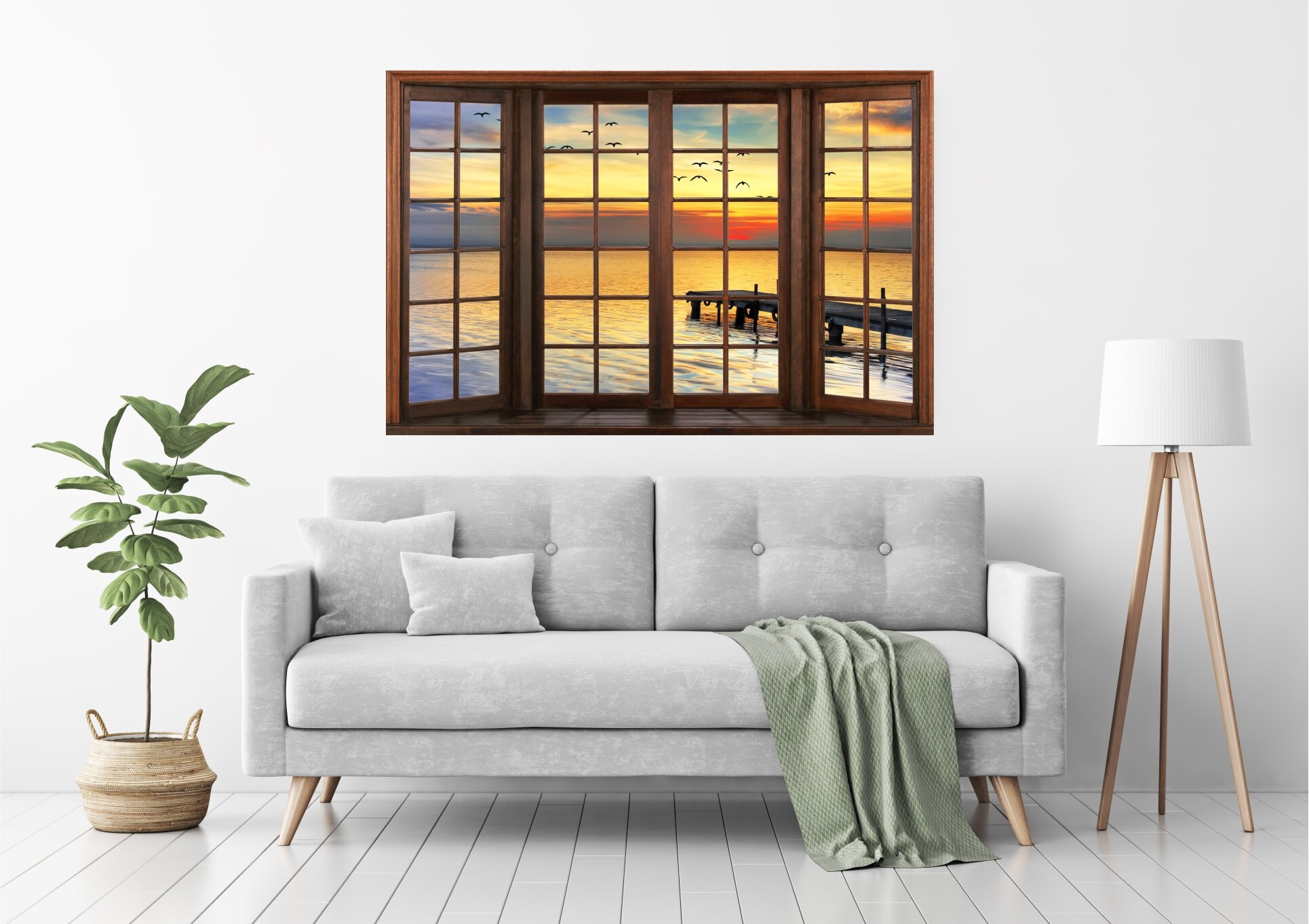 Бесшовные фотообои, постер "Вид из окна закат на реке" для спальни, кухни, гостиной 100х150 см