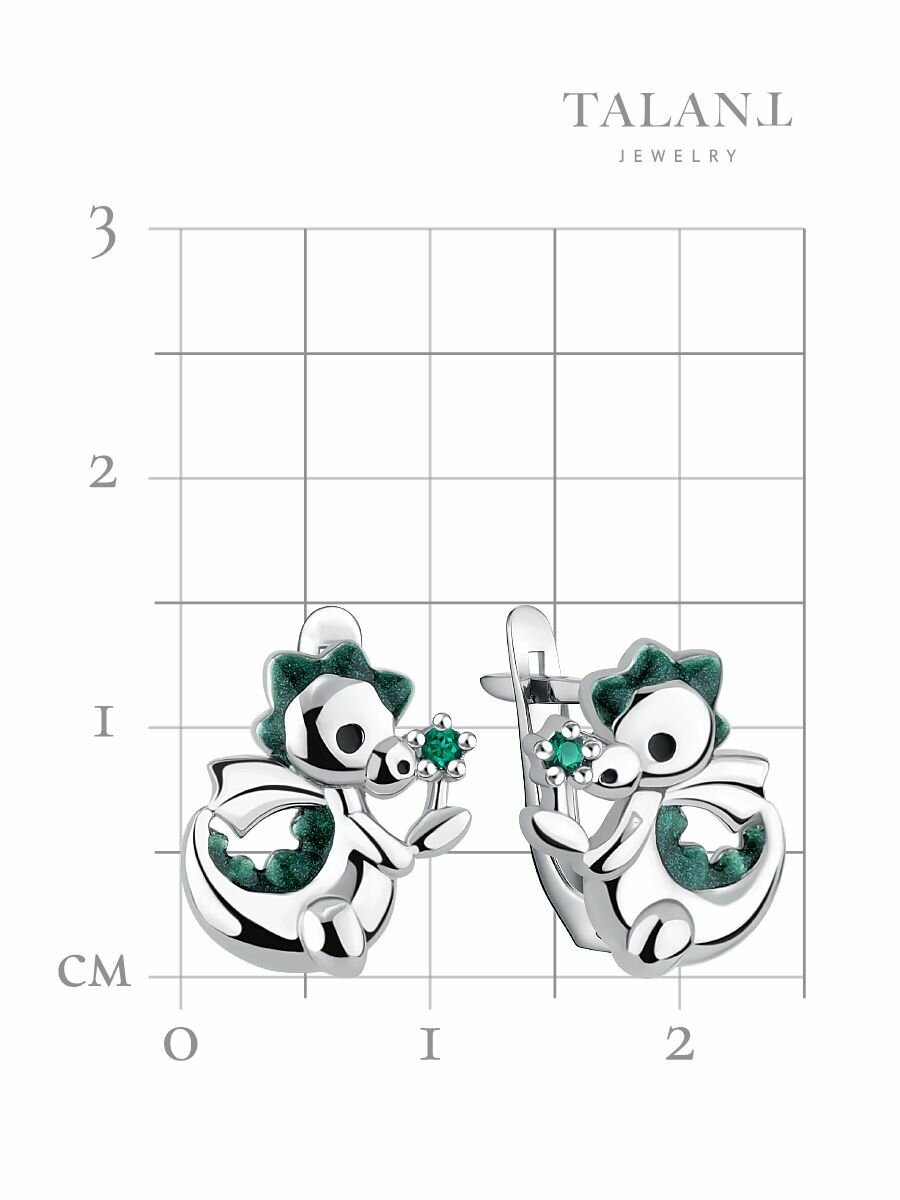 Серьги TALANT, серебро, 925 проба, эмаль, фианит, длина 1.3 см, , серебристый/зеленый — фото 1