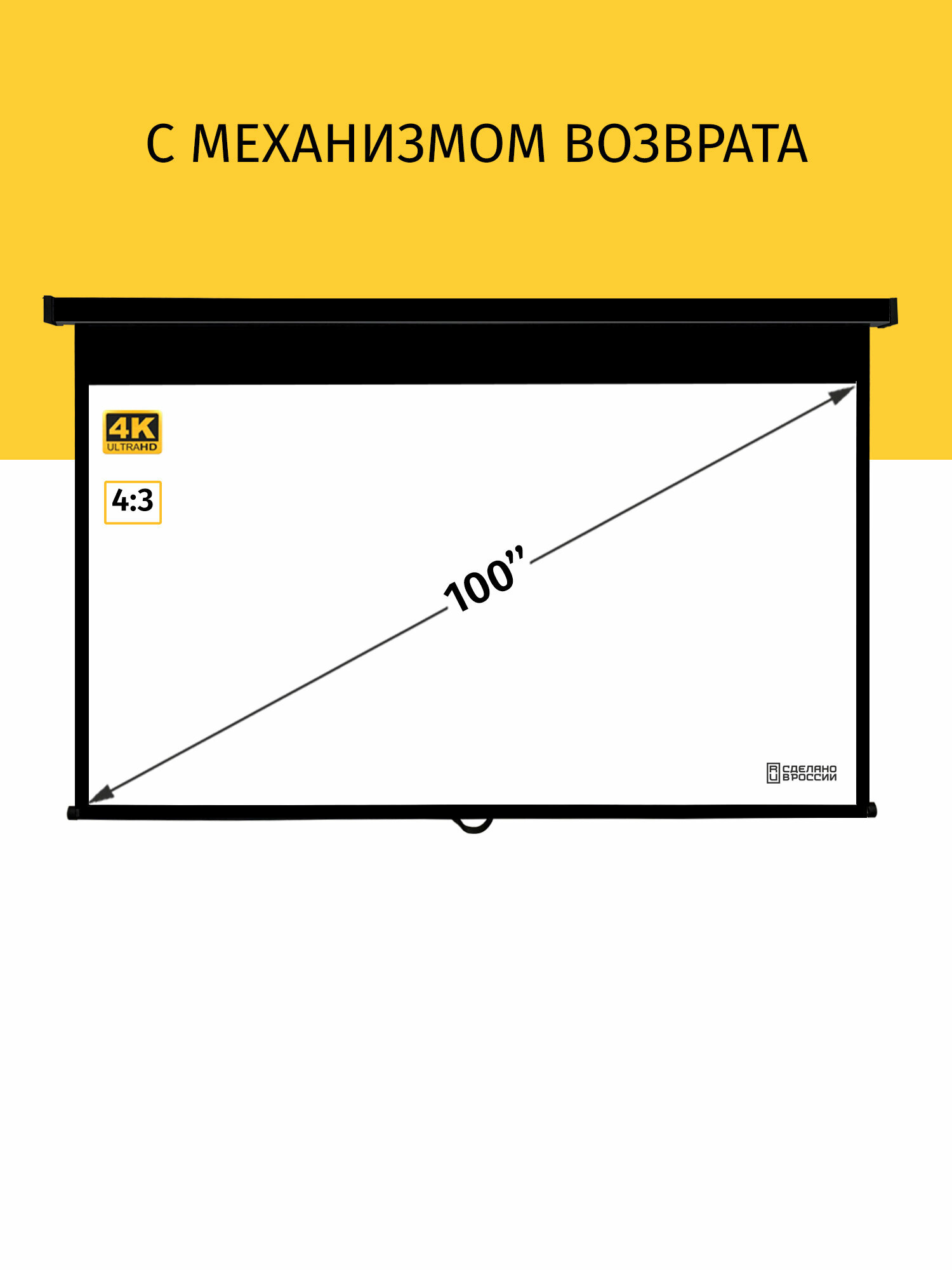 Экран для проектора с возвратным механизмом, "Техно Лама", 200x150 см, формат 4:3, настенно-потолочный, цвет черно-белый, 100 дюймов