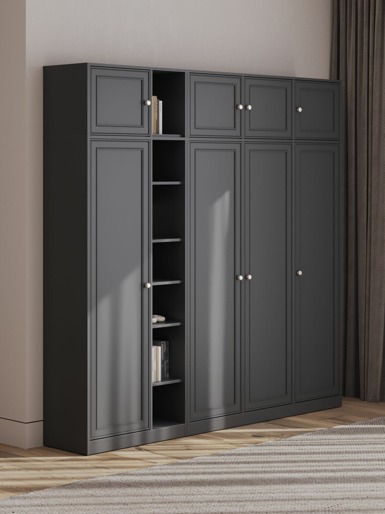 Гостиная Люсиль Классик со шкафами, с антресолями, 225.6х40.1х221.8 см, Графит