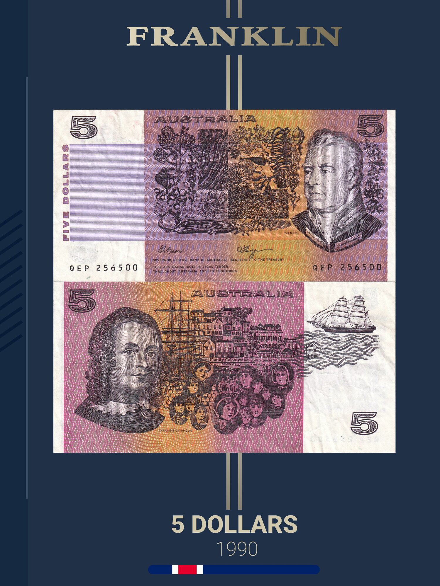 Банкнота Австралия 5 долларов FIVE POUNDS 1990 год Very Fine (VF) Pick 44