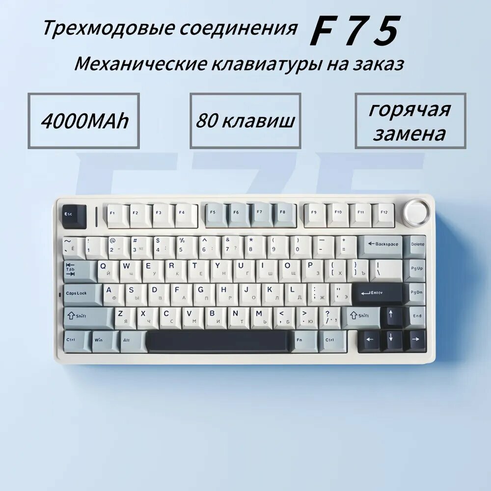 Игровая клавиатура беспроводная F75, (Leobog Reaper), Русская раскладка, голубой, белыйИгровая клавиатура беспроводная F75, (Leobog Reaper), Русская раскладка, голубой, белый
